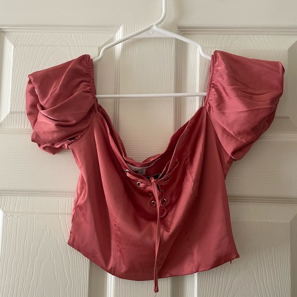 Tops | Silk Corset Lace Up Poofy Sleeve Crop Top | Poshmark